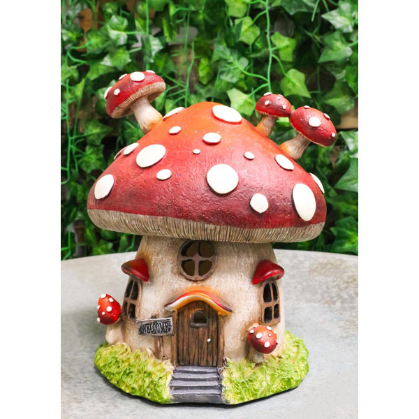 August Grove® Fairy Garden Giant Toadstool Mushrooms Cottage House With LED Light Figurine | Wayfair